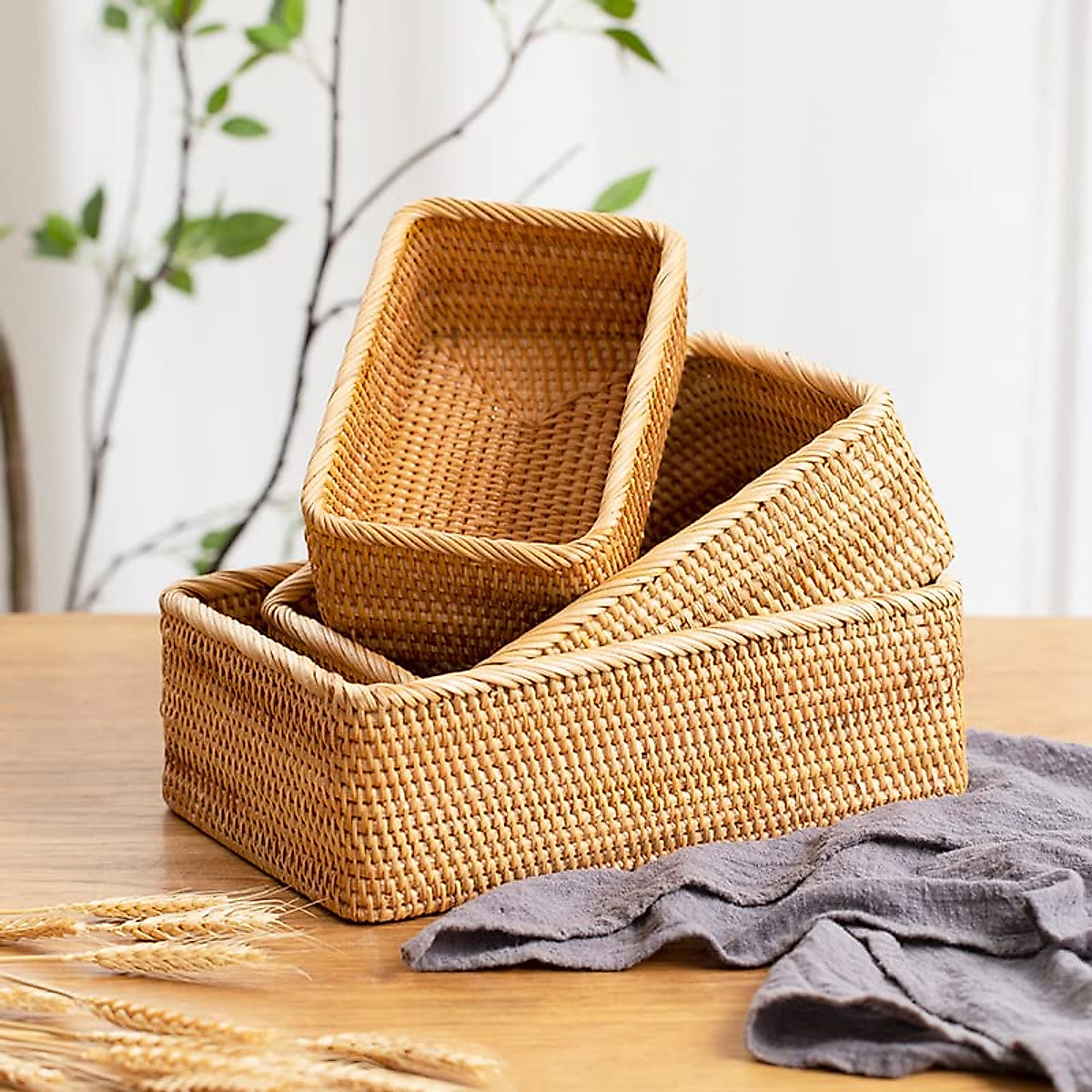 YANGQIHOME Natural Rattan Storage Baskets, Rectangular Woven Fruit Baskets, Wicker Decoration and Organizer for Bathroom, Living Room (Set of 3)