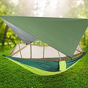 Camping Hammock with Mosquito Net & Rain Fly Tent Tarp & Tree Straps Portable Lightweight Double Nylon Hammock for Camping Hiking Travel Outdoor Backpacking