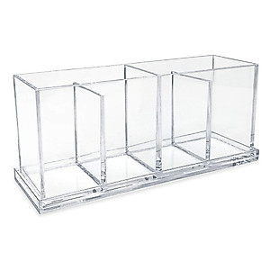 Isaac Jacobs 4-Compartment Clear Acrylic Organizer with Lid (9” L x 3” W x 4” H), Makeup Brush Holder, Sectional Tray, Storage Solution for Makeup, Crafts, Office Supplies & More (1, Clear)