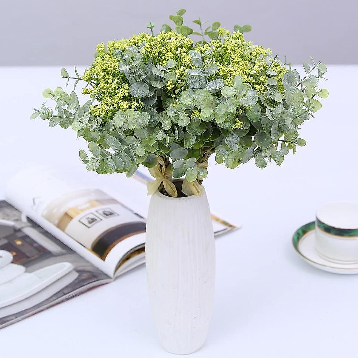 DLWJMDX A Bunch of Artificial Flowers Real Touch Babies Breath Flowers Artificial Eucalyptus Leaves Bouquet for Wedding Party Floral Arrangement Home Garden Office Festive Decoration