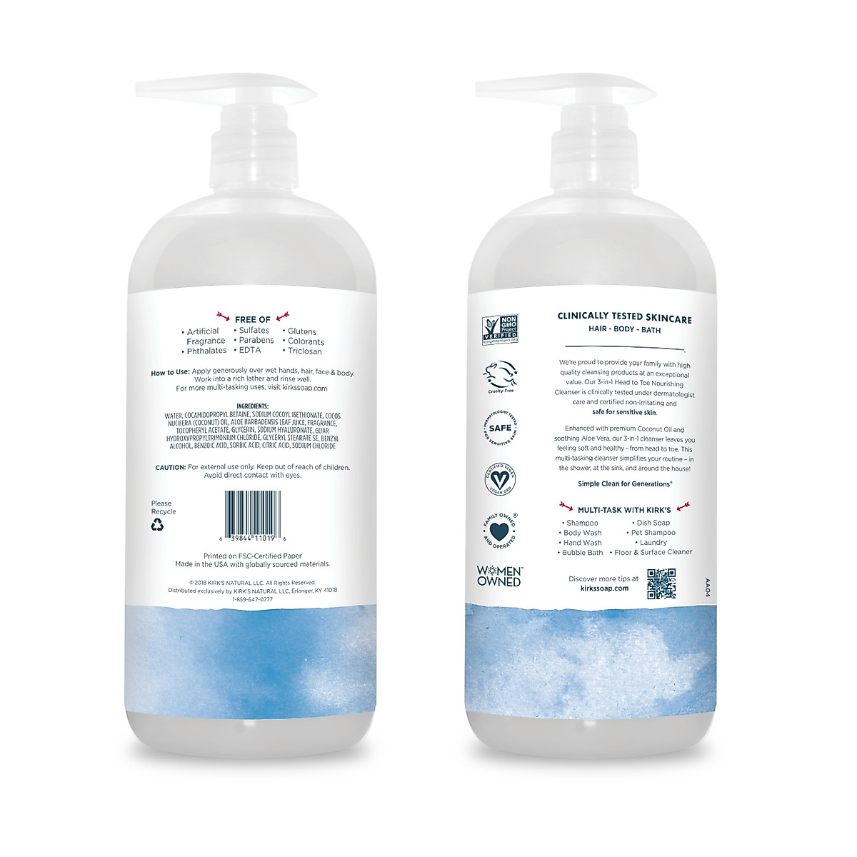 Kirk's 3-in-1 Head to Toe Nourishing Liquid Cleanser- for Men, Women & Children - Premium Coconut Oil & Aloe Vera- Non GMO & Vegan -Original Fresh Scent - 32 Fl Oz