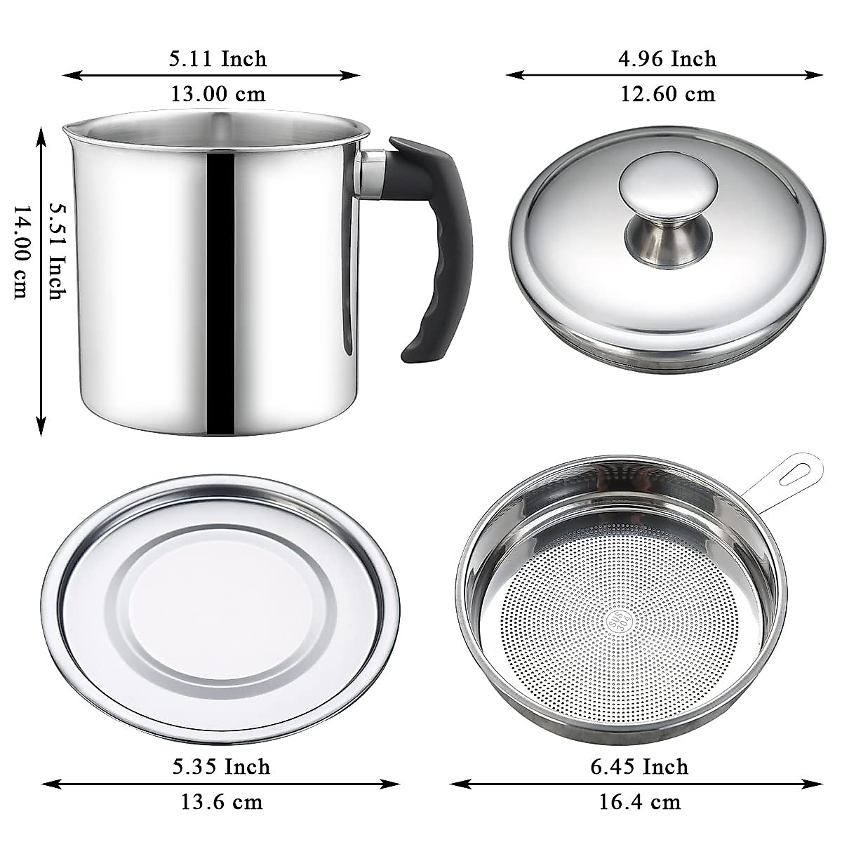 Berglander Bacon Grease Container With Strainer 47oz/1.4L, Stainless Steel Oil Storage Container with Fine Mesh Strainer Dust-proof for Storing Frying Oil and Cooking Fat, Cooker Accessories