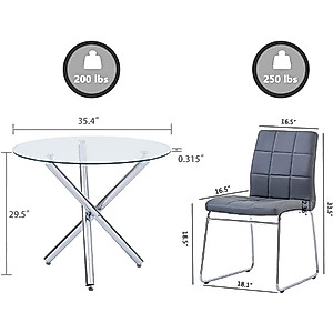 5 Pieces, Dinner Table Set for 4, Dining Table Set for 4, 1 Round Glass Dining Table and 4 Faux Leather Kitchen Chairs for Dining Room, Small Space, Apartment, Living Room, Chrome Metal Legs, Grey