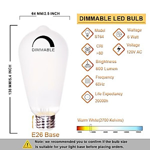Vintage LED Bulbs ST64 6W Equivalent 60W, 2700K Warm White 800lm Dimmable Brightness LED Light Bulbs with E26 Base and Frosted Glass Cover, Pack of 3 (2700K, 6W)