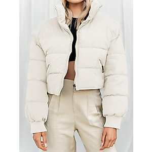 MEROKEETY Women's Winter Cropped Puffer Jacket Long Sleeve Oversized Stand Collar Zip-Up Short Coat