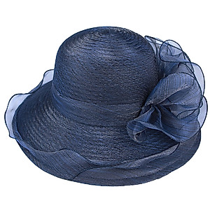 Organza Kentucky Fascinator Hat for Women - Derby Cocktail Tea Party Sun Hat Wedding Bridal Flower Church Hat Packable Dark Navy
