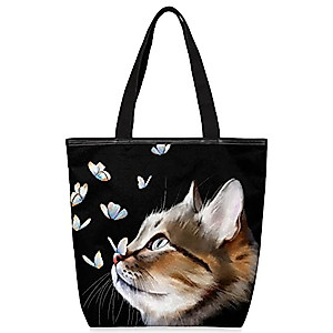 Cat Kitten Canvas Tote Bag for Women Reusable Grocery Bag with Zippered Top Butterfly Grocery Shopping Bags Beach Bag Book Bags Small