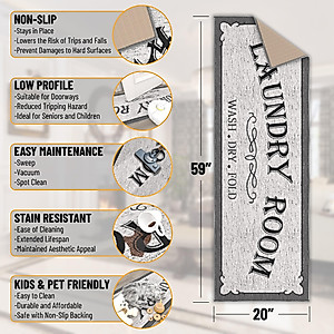 Ottomanson Laundry Collection Non-Slip Rubberback Laundry Text Design 2x5 Laundry Room Runner Rug, 20" x 59", Light Gray