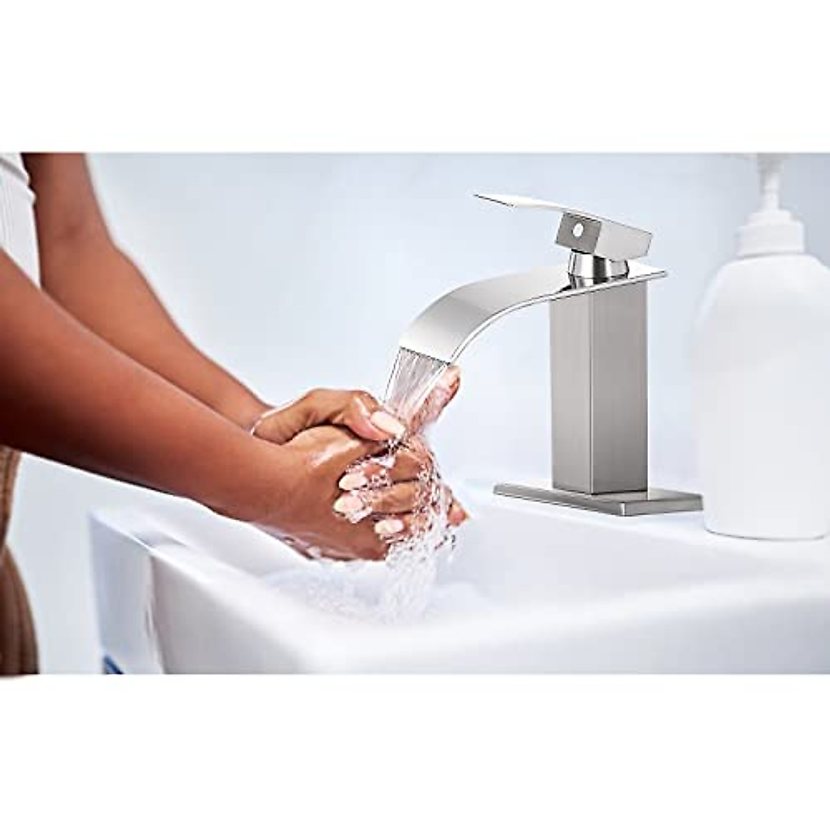 DJS Waterfall Single Handle Modern Bathroom Faucet, Brushed Nickel, 1 or 3 Hole Bathroom Sink Faucet Mixer Tap Washbasin, Faucet with Deck, Pop-up Drain and Supply Hoses