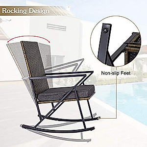 3-Piece Rattan Rocker Chair Outdoor Garden Bistro Set Rocking Chair Wicker Lounge with Cushion and Coffee Table (Dark Grey)