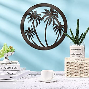 Metal Palm Tree Wall Plaque Hanging Palm Tree Decor Decorative Palm Tree Wall Art Antique Round Outdoor Metal Wall Art Tropical Wall Decor for Garden Home Patio Outdoor Supplies, 12 Inch