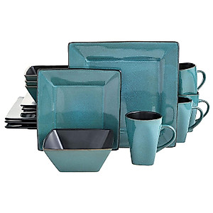 Gibson Elite Kiesling 16 Piece Reactive Glaze Durable Microwave and Dishwasher Safe Plates, Bowls, and Mugs Dinnerware Set, Turquoise (2 Pack)