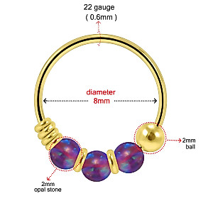 PiercingPoint Triple Blue Opal Stone 9K Solid Yellow Gold 22 Gauge Hoop Nose Ring - Cartilage Hoop - Tiny Nose Hoop - Tragus Ring