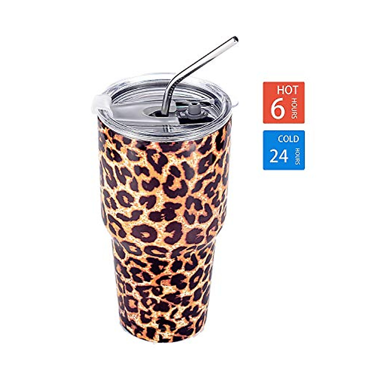 DYNAMIC SE 30oz Leopard Tumbler Double Wall Stainless Steel Vacuum Insulated Travel Mug with Splash-Proof Lid Metal Straw and Brush