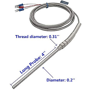 TWTADE Stainless Steel PT100 RTD Thermistor Temperature Sensor Probe,100mm / 4" Long Probe Thermocouple, Probe Diameter :5mm / 0.2" (Temperature Rang: -50~420°C) 5mm x 100mm x 2M MT-225A-100mm