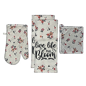 Set of 4, 100% Cotton, Spring Flower with Sentiment Live Life in Full Bloom Kitchen Towel Set, Include 2 Kitchen Towels, 1 Pot Holder & 1 Ovenmitt.