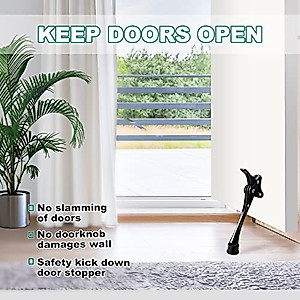 Door Stoppers, (2 Pack) 6 Inch Kickdown Door Stop for Bottom of Door, Non-Slip Rubber, Heavy Duty Metal Door Holder Adjustable Door Stops Door Mounted Hold Door Open, Easy Install, Black