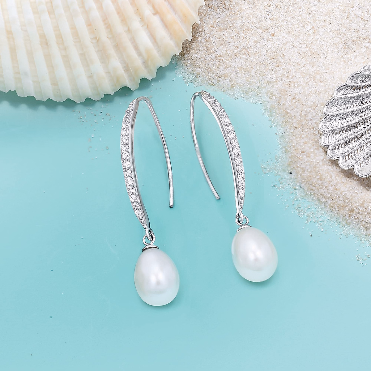 Ross-Simons 8x10mm Cultured Pearl and .38 ct. t.w. CZ Drop Earrings in Sterling Silver