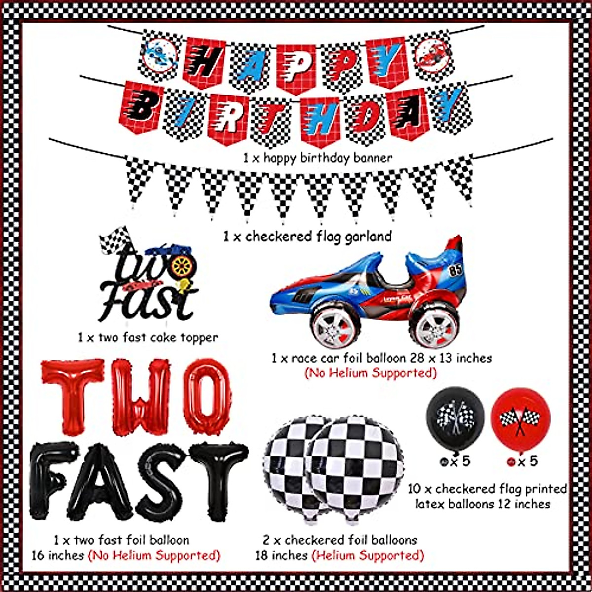 Race Car 2nd Birthday Party Supplies Two Fast Balloons Cake Topper Race Car Happy Birthday Banner for 2 Year Old Boys Racing Theme Birthday Party Decorations