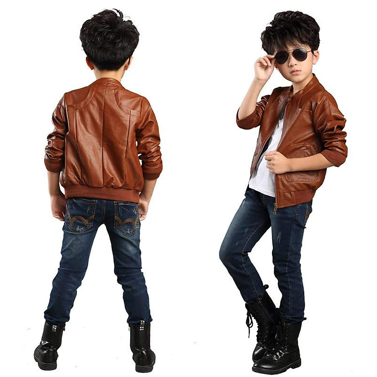 ELUCKFACE Boys Trendy Stand Collar PU Leather Moto Jacket Leather Coat Brown 9-10Years