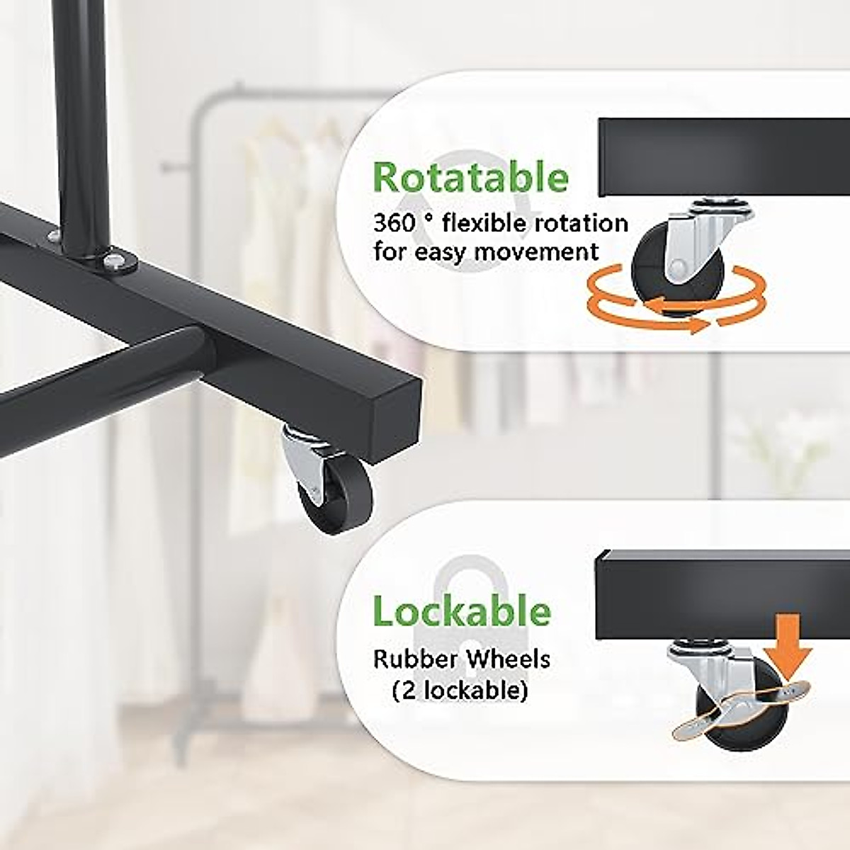 Boeeoan Garment Rack, Freestanding Simple Single Pole Clothes Rack With Wheels, Coat Rack, Multi-functional Rolling Clothing Storage Rack With 2 Hooks for Bedroom, Laundry Room, Living-room, Black