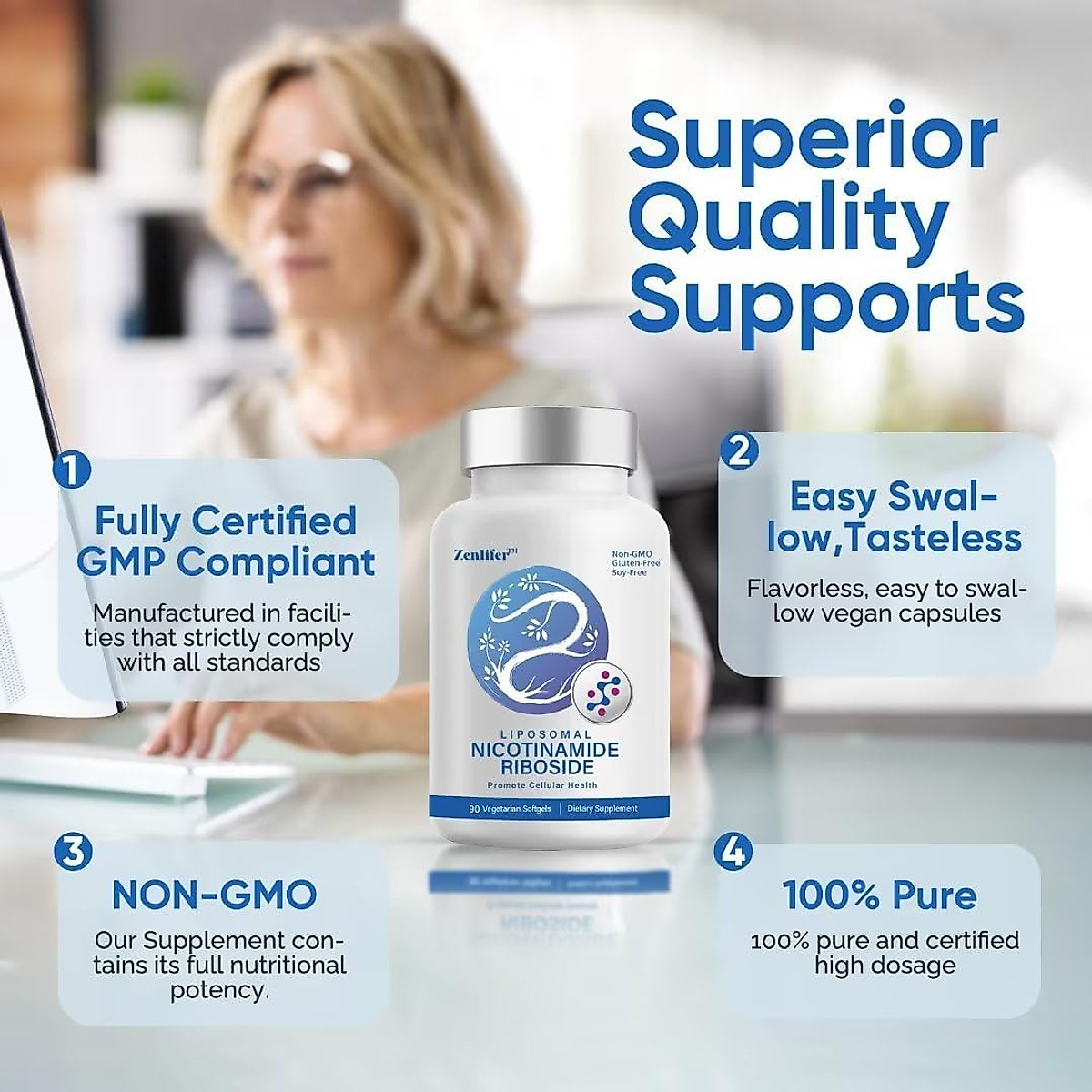 Zenlifer-90 Softgels NAD+ 2000MG Liposomal Nicotinamide Riboside Supplement,with Trans-Pterostilbene and Betaine Anhydrous(TMG) for Maximum Absorption,Cellular Energy and Age Defense