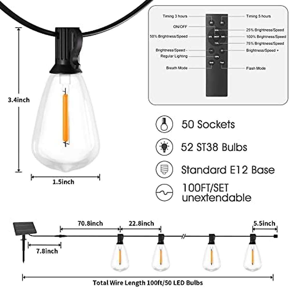 RTTY Solar String Lights Outdoor Waterproof 100ft with Remote and 52 Edison Bulb,Dimmable&Shatterproof,ST38 Solar Powered String Lights for Outside,Patio,Porch