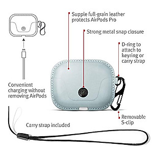 Twelve South AirSnap Pro | Leather Protective Case/Cover with Loss Prevention Clip and Optional Carry Strap for AirPods Pro, Slate Blue