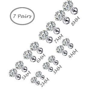 Tornito 7 Pairs 20G Stainless Steel Stud Earrings Round Cubic Zirconia Barbell Earring Set For Men Women 2MM-8MM Silver Tone