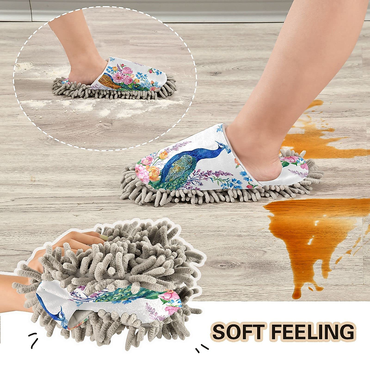 Birds Peacocks Flowers Mop Slippers Shoes Cover for Floor Cleaning Washable Dirty Hair Dust Cleaners Microfiber Mop Socks for House Kitchen Office
