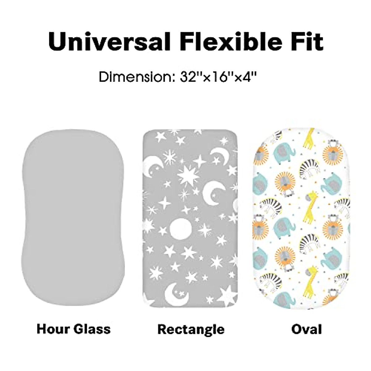 bimocosy Bassinet Sheet, 4 Pack Bassinet Sheets for Baby Boys, Soft Baby Bassinet Fitted Sheets Neutral for Standard Bassinet Mattress, Size 32 x 16 x 4 Inches, Stars/Woodland Animals/Grey/Light Green