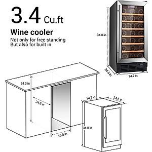 SMETA 15 Inch Under Counter Wine Cooler, 33 Bottle Built In Wine Fridge Refrigerator, Cabinet Freestanding Glass Door Stainless Steel Black Wine and Beverage Cellar For Home Bar With LED And Low Noise