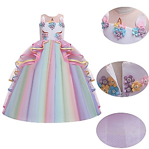 WOCINL Girls Princess Dress Unicorn Outfits Sleeveless Rainbow Party Birthday Wedding Christmas Halloween Carnival Costume Multicolored 4-5T