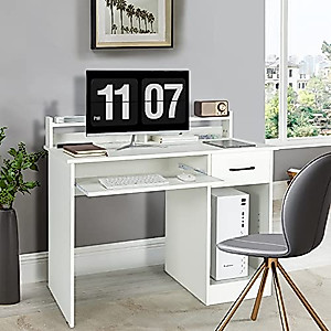 COSTWAY Computer Desk with Hutch, Home Office Desk with Drawer, Adjustable Shelf & Keyboard Tray, Study Writing Desk, Executive Workstation for Living Room, Bedroom & Study (White)
