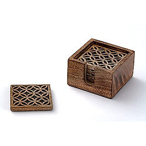 FIGTREE - Set of 6 Wooden Coasters for Drinks Absorbent with Holder, Coasters for Coffee Table Protection, Coffee Table Decor, Perfect House Warming Gift, Lattice