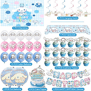 Cinnamoroll Birthday Decorations, Party Supplies Set Include Banner, Backdrop, Balloons, Hanging Swirls, Cake Cupcake Toppers, Tablecloth for Kids Cinnamoroll Theme Party
