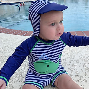 Toddler Boy Swimsuit 6-12 Months Baby Boys One Piece Sunsuit with Sun Hat Long Sleeve Whale Zip Bathing Suit Green Swimwear
