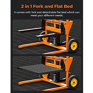Arczorix Hydraulic Material Lift Winch Stacker 441 Lbs 36” Max Lift with 9" Thick Rubber Wheels Removable Flat Bed 18.5" Thick Fork Arm, Pallet Truck Dolly Lift Table Fork Lift
