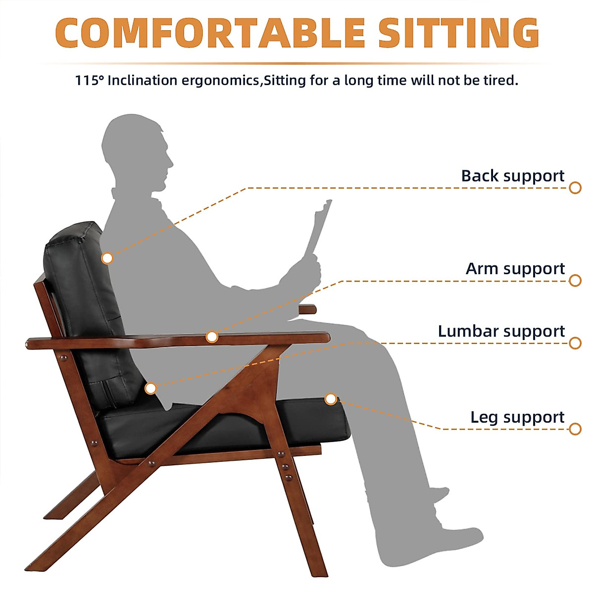 AODAILIHB Mid Century Modern Accent Chair, Retro Wood and Leather Armchairs, Vintage Reading Side Chair Comfy Accent Sofa for Living Room, Bedroom, Studio, Office (1, Black)