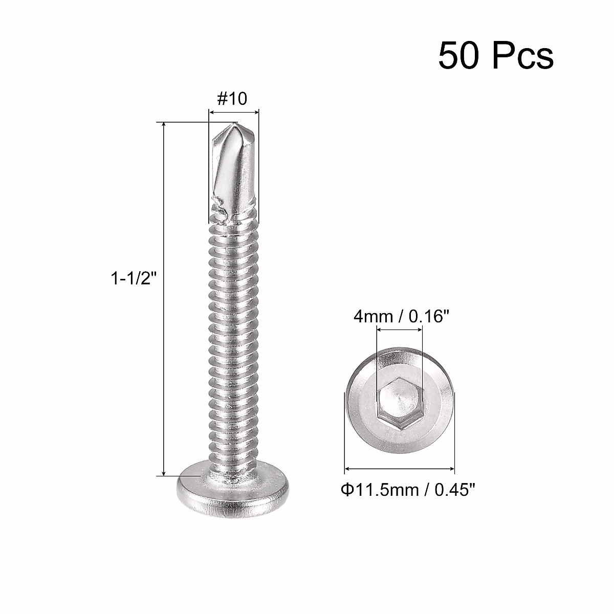 uxcell Hex Socket Self Tapping Screws, #10 x 1-1/2" 410 Stainless Steel Sheet Metal Flat Head Drilling Screw 50pcs, Silver