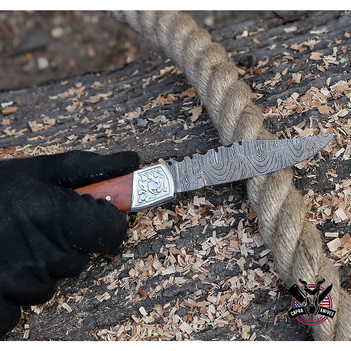 Capra Knives CK-52 Handcrafted Folding Engraved Brass Pocket Knife 4” Folded, 7.25” Long Overall, 4.5oz Olive Wood Handle, Damascus Blade with Leather Sheath