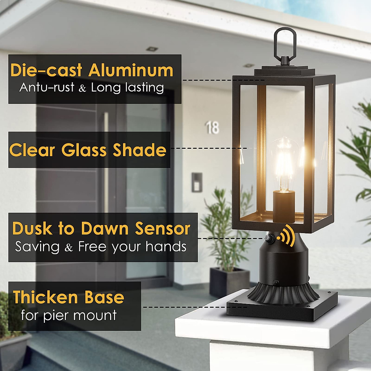 Aoceley Dusk to Dawn Outdoor Post Light with Pier Mount Base, 2-Pack Modern Lamp Post Light Fixtures Waterproof Aluminum Pier Lights Outdoor Column Lights Exterior Post Lantern with Clear Glass Shade