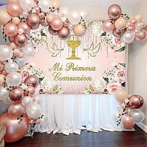 Avezano Mi Primera Comunion Backdrop Girls First Holy Communion Baptism Decorations Gold Grail God Bless Party Baby Shower Background (7x5ft, 83x59inch, Pink)