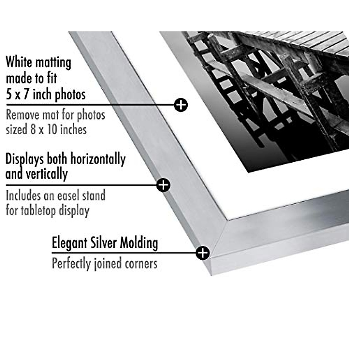 Americanflat 8x10 Picture Frame in Silver - Displays 5x7 with Mat and 8x10 Frame Without Mat - Composite Wood with Polished Glass - Horizontal and Vertical Formats for Wall and Tabletop