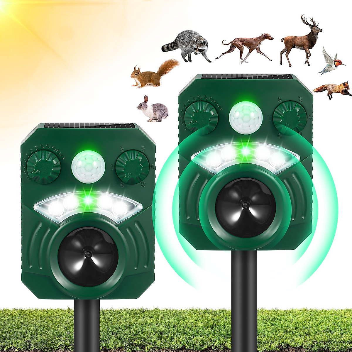 2 Pack Upgraded Ultrasonic Animal Repeller Outdoor,Cat Repellent Outdoor Solar Animal Repeller with Motion Sensor Deer Repellent Devices to Scare Away Squirrel Rabbit Raccoon Skunk Repellent for Yard