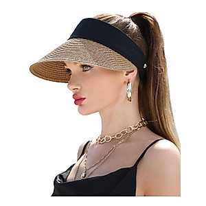 Womens Sun Hat Straw Visor UV Protection Wide Brim Packable Travel Summer Cap for Beach UPF 50+(Khaki)