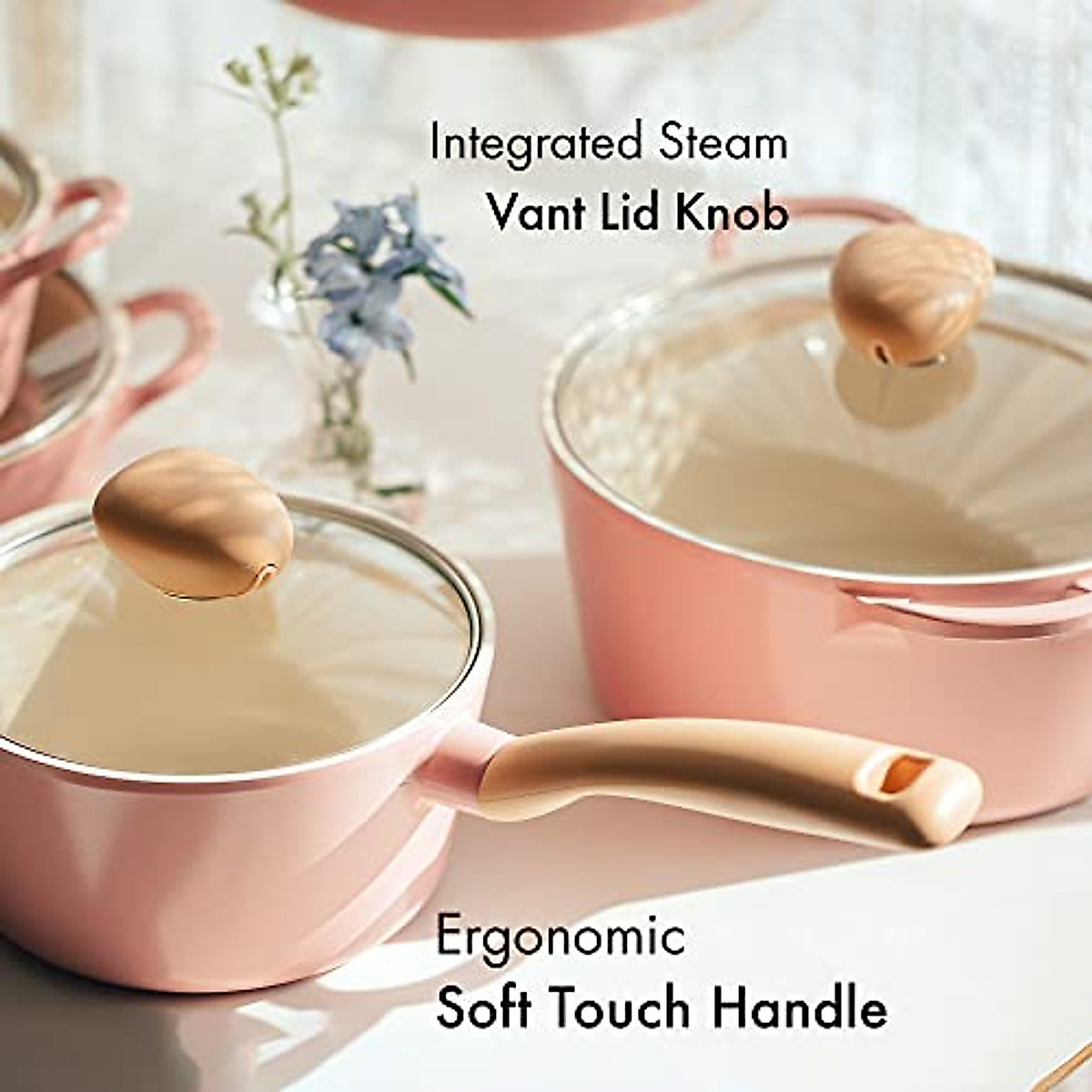 Neoflam Retro 5-Piece Ceramic Nonstick Cookware Set, PFOA Free Pots and Pans with Integrated Steam Vent Lid knob prevents boil over and Heat Resistant Silicone Grips for safer cooking at kitchen, Pink