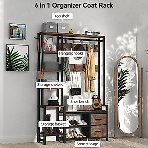 WODRAWER Hall Tree for Entryway 43", Bench with Shoe Storage, Large Coat Rack Shoe Bench with 5 Tier Shelves, 5 in 1 Design Front Door Shoe Rack and Wall Rack Hooks, and 2 Drawers (Rustic Brown)
