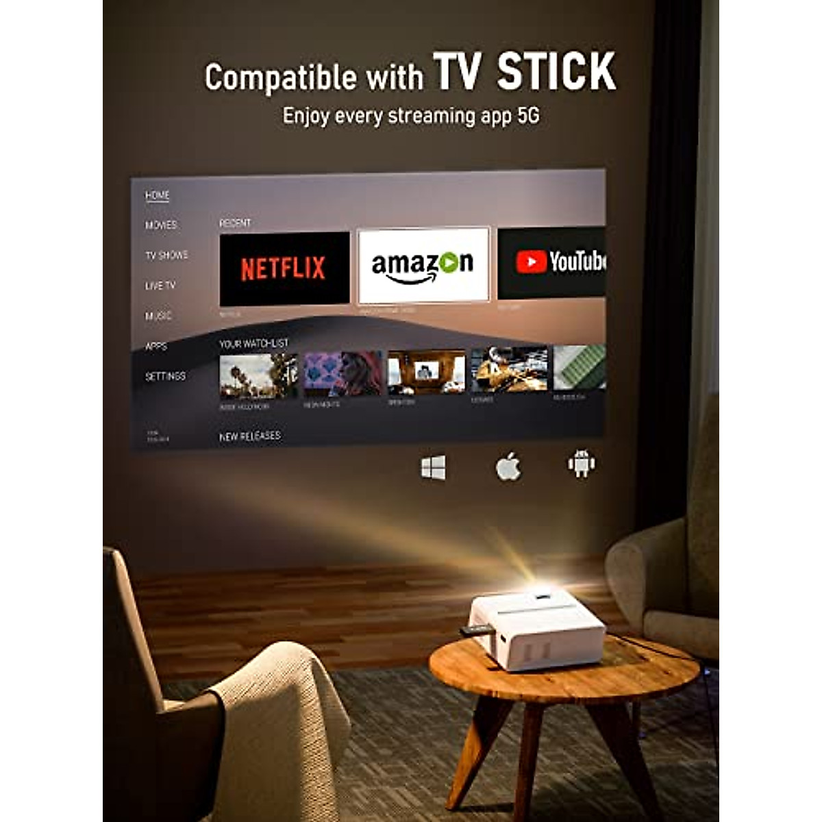 YEHUA WiFi Projector, 4K HD Outdoor Projector Mini Projector with Remote, 1080P & 160" Screen Supported, Movie Home Theater for TV Stick, Laptop,PC, iOS & Android, PS4, HDMI, USB, AUX, AV