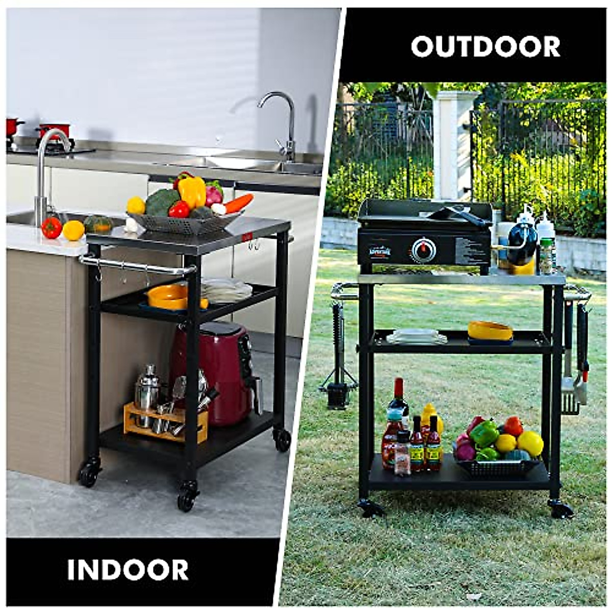 Feasto Rolling 3-Tier Adjustable Outdoor Pizza Oven Table and Food Prep Cart Table, Home and Outdoor Multifunctional Stainless Steel Table Top Worktable on Four Wheels, L34’’x W16.1’’x H33’’